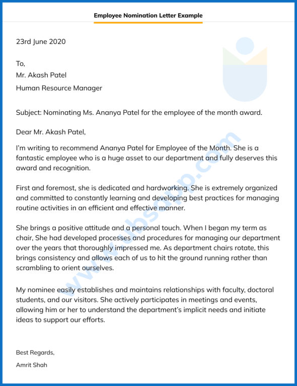 Employee Nomination Letter Format Sample Example And Write A 