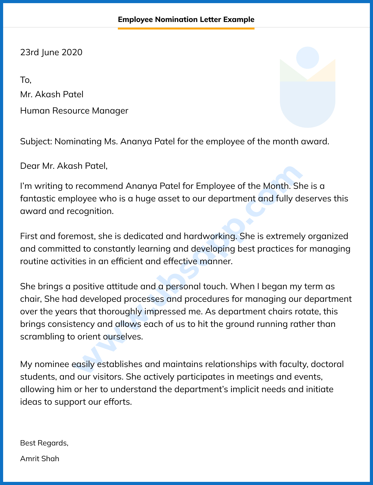 Employee Nomination Letter Format Sample Example And Write A 